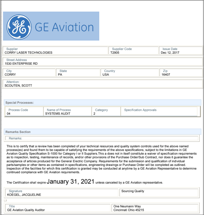 Certifications - Corry Laser Technology, Inc.